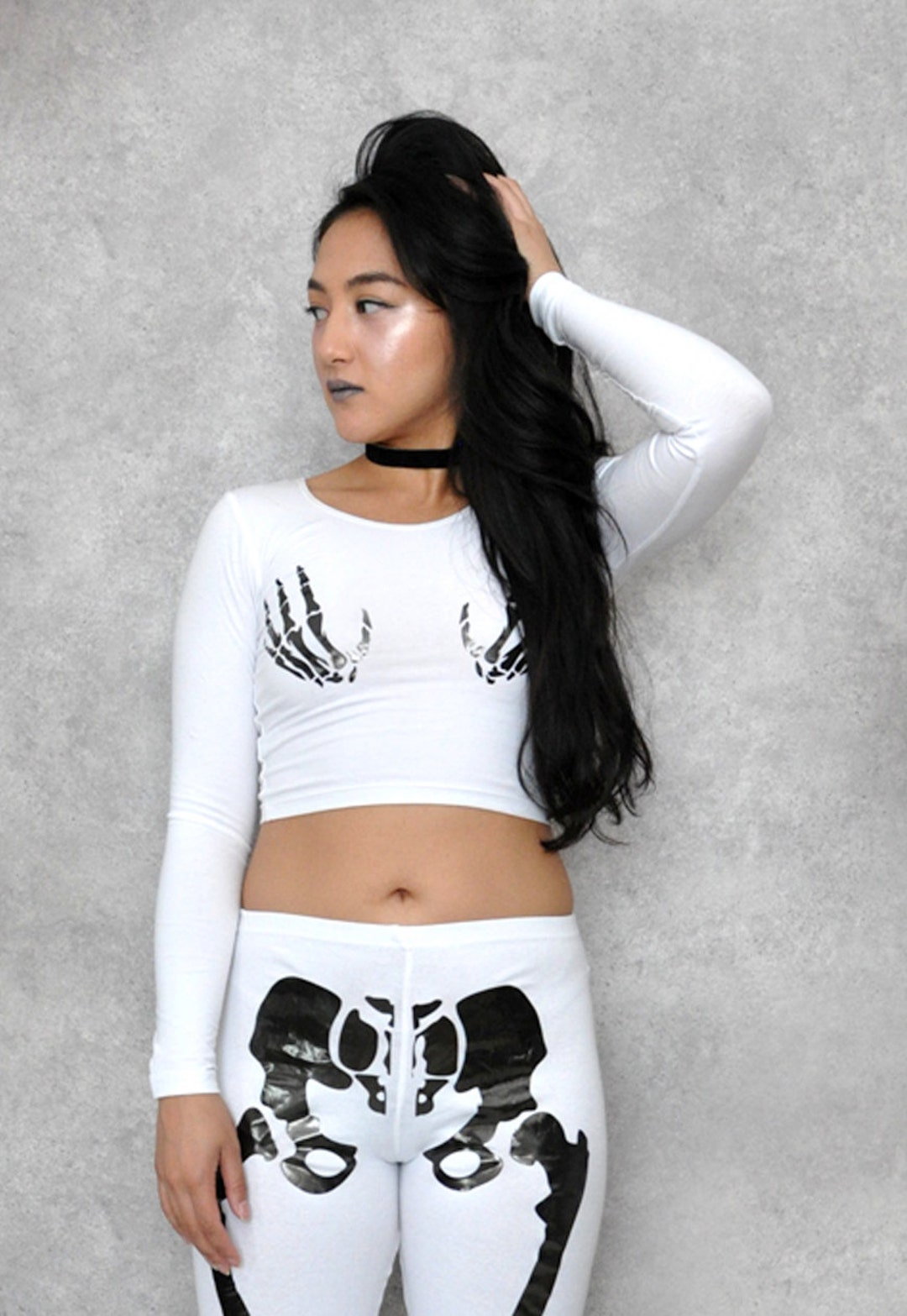 White Long Sleeve Halloween Skeleton Bone Crop Top - Etsy