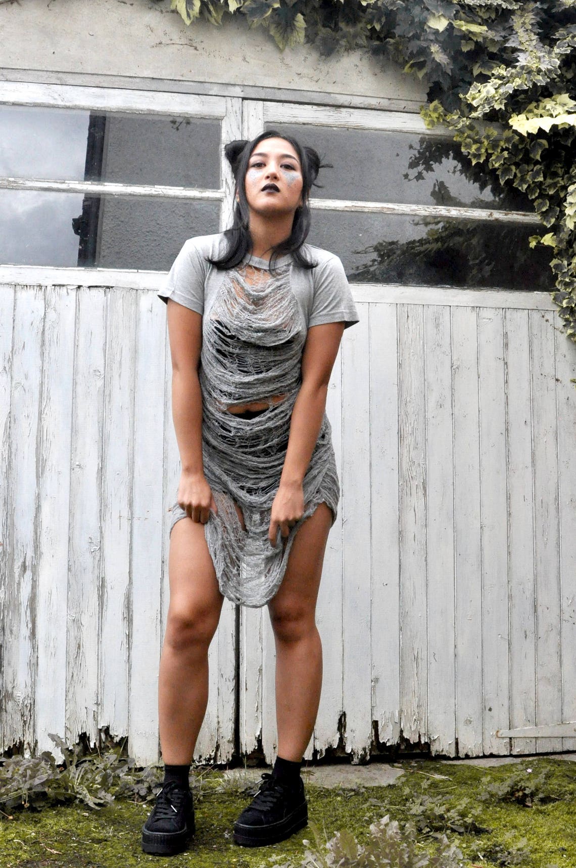 Frankie Grey Zombie Mini Distressed Shredded Mesh Transparent Festival ...