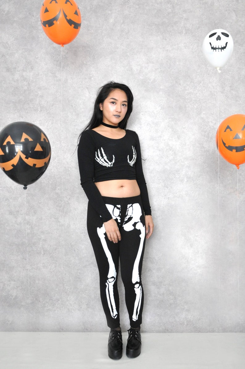 Black Long Sleeve Halloween Skeleton Bone Crop Top - Etsy