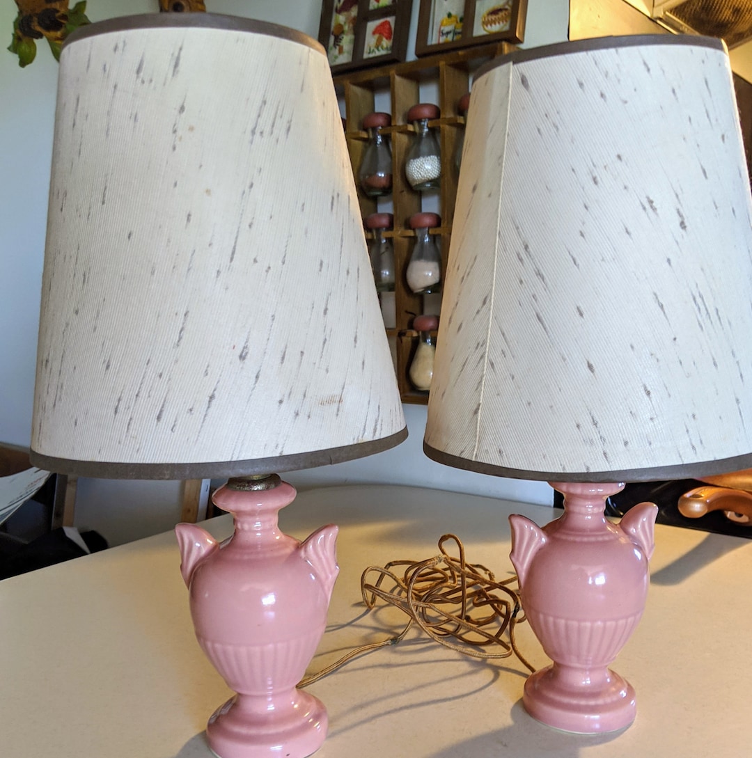 Vintage Porcelain Desk Lamp Set W/ Shades, Pink Table Lamps, Antique ...