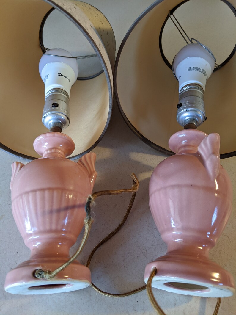 Vintage Porcelain Desk Lamp Set W/ Shades, Pink Table Lamps, Antique ...