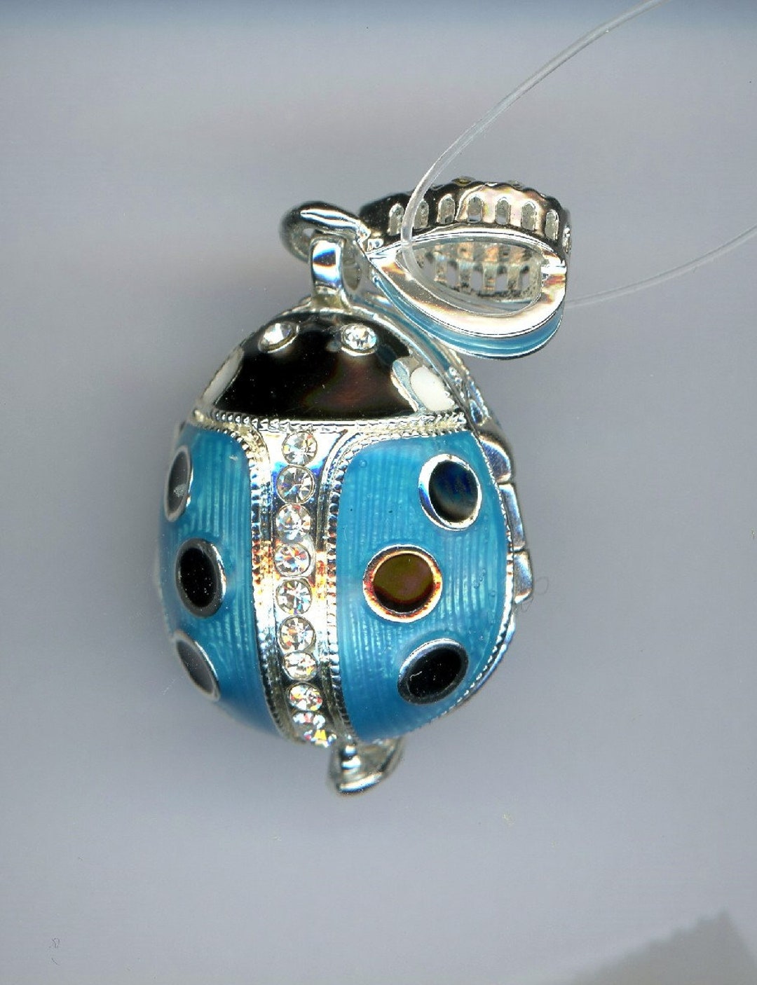 Russian Faberge Silver Finish Pendant W/ Lt. Blue Lady Bug, Opens up ...