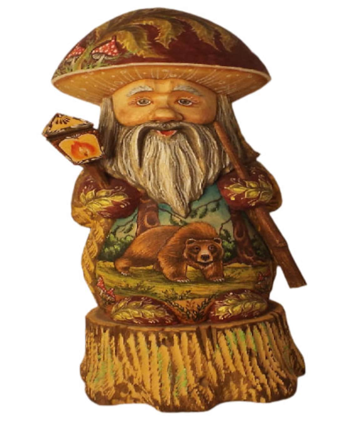 Russian Hand Carved and Hand Painted Gnome Standing on a Wood Stump ...