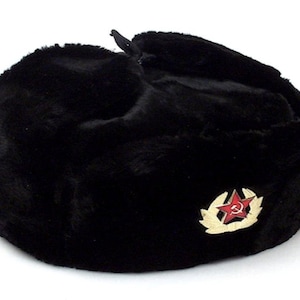 Authentic Russian Ushanka Military Hat Black W/ Soviet Red Army Badge ...