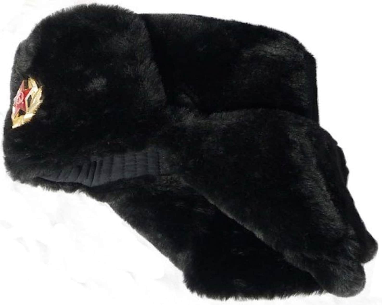 Authentic Russian Ushanka Military Hat Black W/ Soviet Red Army Badge ...