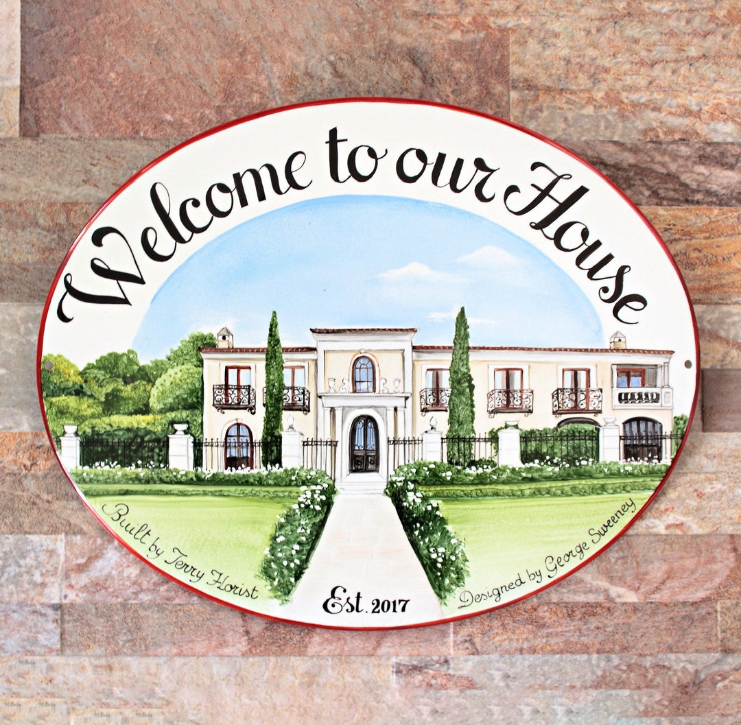 Custom House Portrait Sign: Hand-painted Italian Porcelain Welcome ...