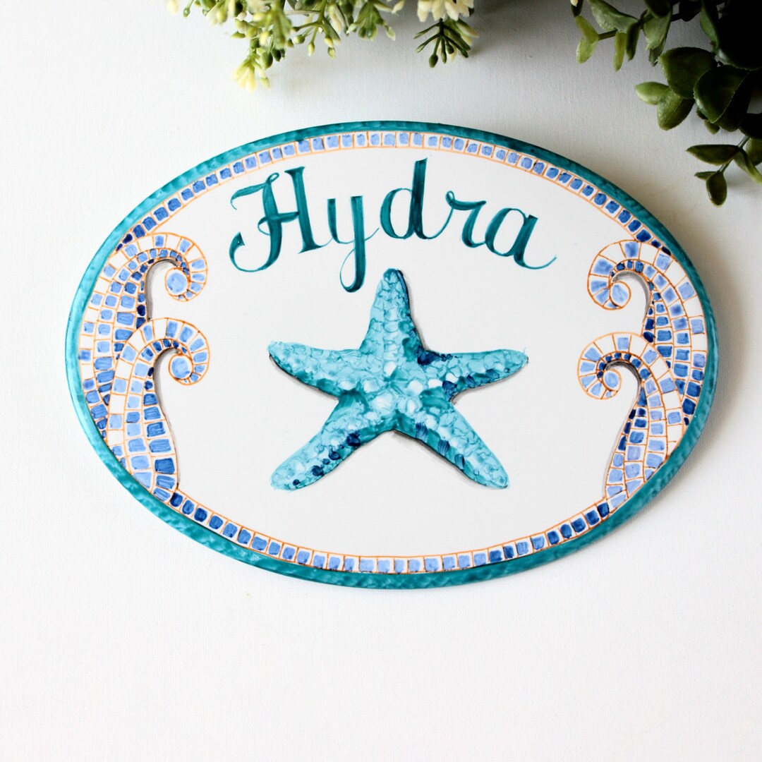 Custom Blue Starfish Beach House Name Sign, Mosaic Decor, Coastal Style ...