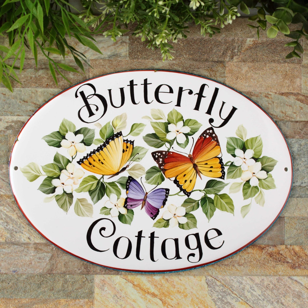Butterfly Cottage Name Sign Ceramic, Personalized Garden Plaque ...