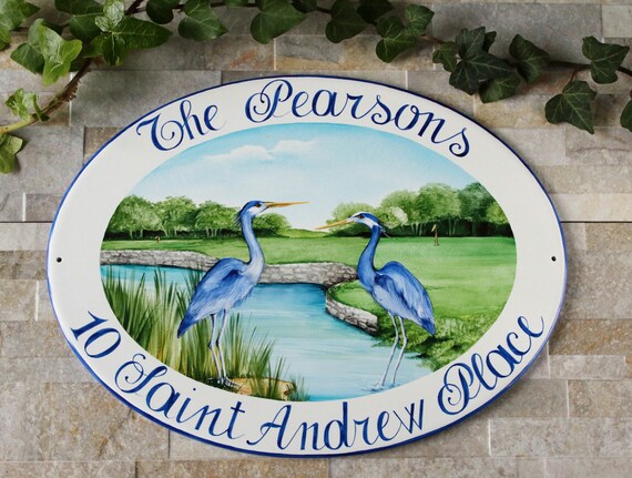 Custom House Sign With Blue Heron Address Plaque Ceramic - Etsy