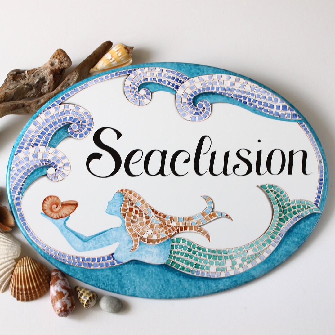 Mermaid Ceramic Name Sign for Outdoor | Mosaic Coastal Door Sign for ...