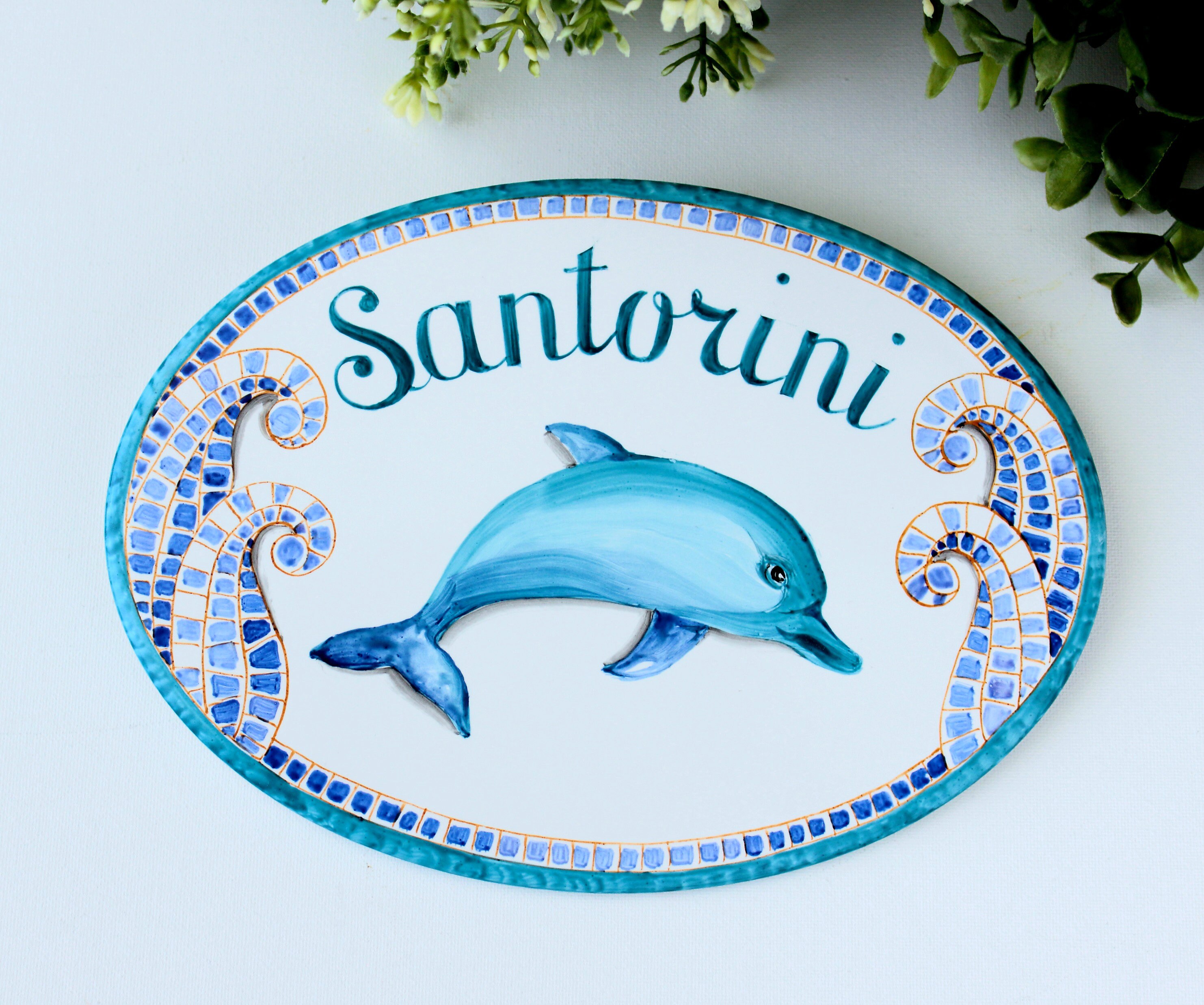 Coastal Dolphin Door Sign, Blue Outdoor Beach House Decor, Ceramic Name ...
