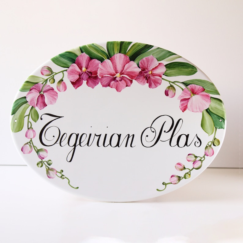 Pink Orchids Outdoor House Name Sign, Personalized Home Sign - Flowers ...