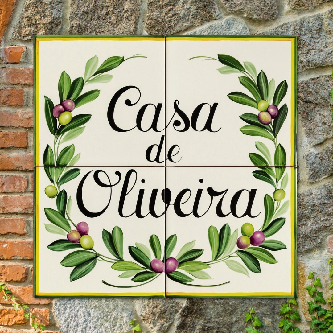 Custom House Name Sign for Outdoor, Olives Tile Mural, Mediterranean ...