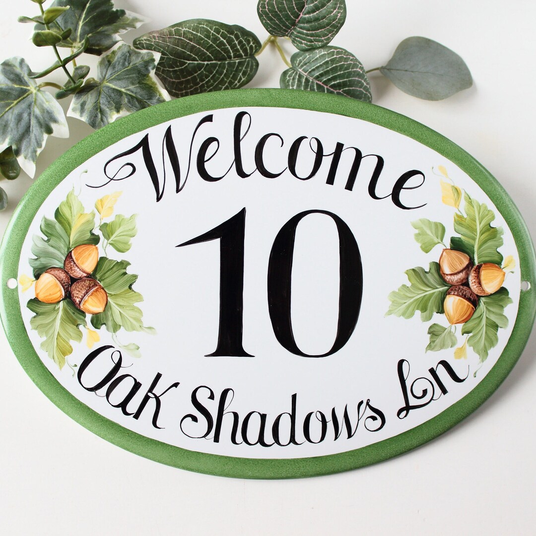 Acorn House Number Welcome Sign | Hand Painted Address Plaque - Etsy