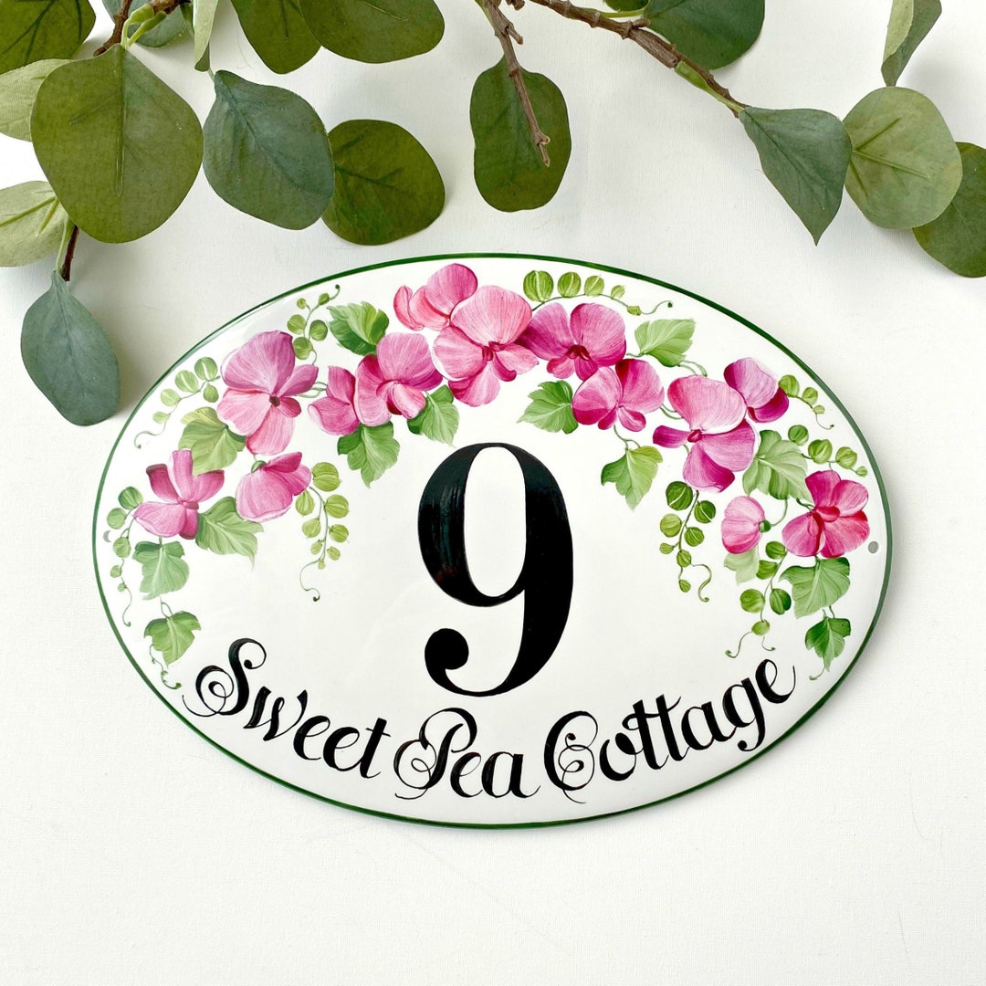 Pink Flowers House Number Plaque, Ceramic Cottage Name Sign, Address ...
