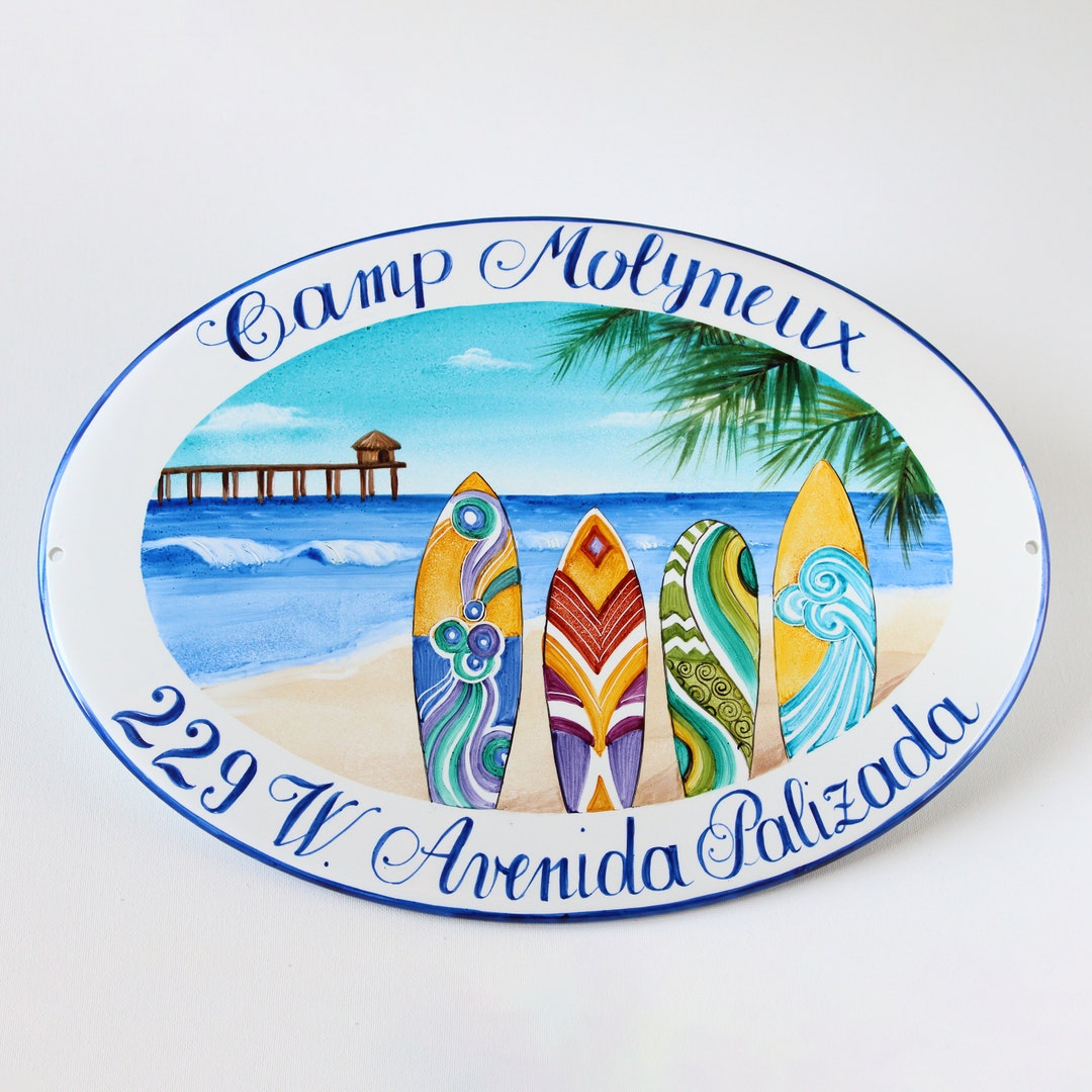 Custom Beach House Number Sign: Surfboard Decor, Outdoor Family Name - Etsy