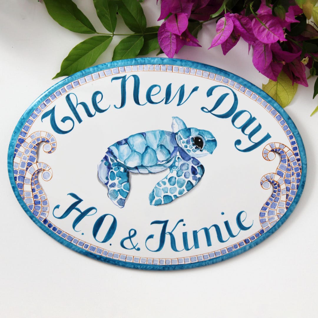 Hand Painted Sea Turtle House Sign, Mosaic House Name Plaque: Beach ...