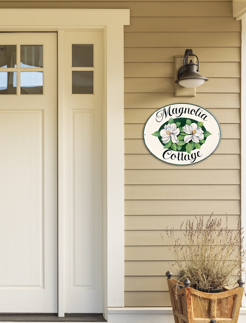 Magnolia Cottage Name Sign, Outdoor Ceramic House Plaque - Custom ...
