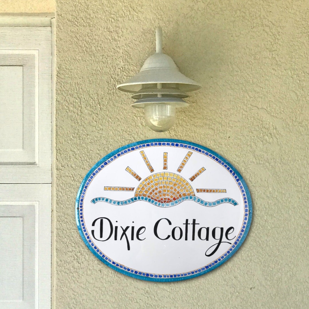 Mosaic Sun Beach Cottage Sign, Custom Ceramic House Name Plaque ...
