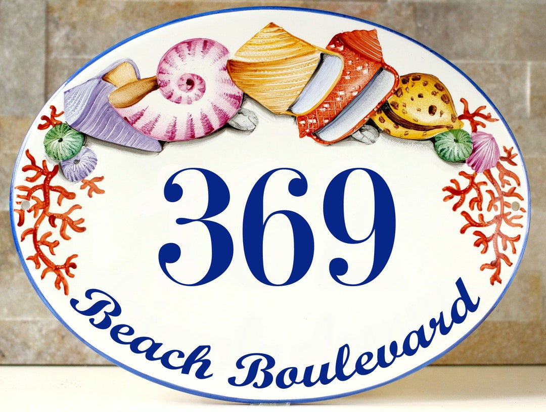Personalized Beach House Numbers Sign, Ceramic House Sign, Shells Decor ...