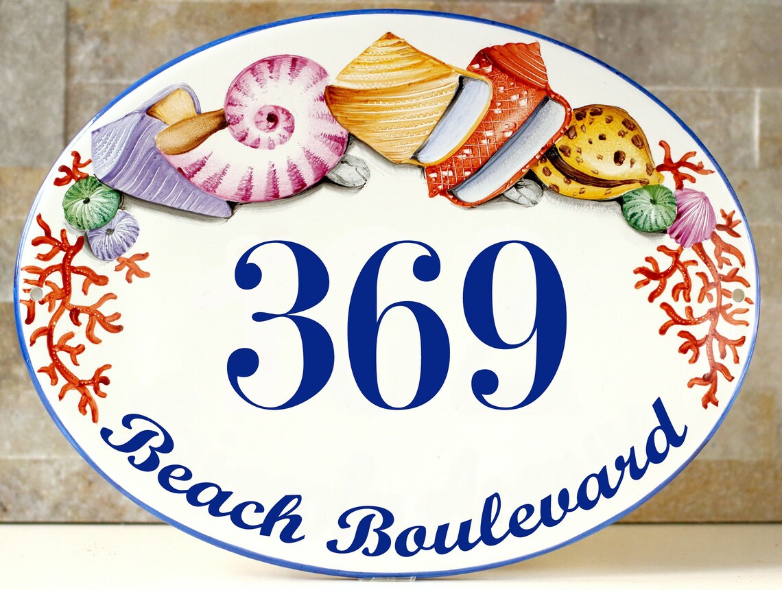Personalized Beach House Numbers Sign, Shells & Coral Decor, Ceramic ...