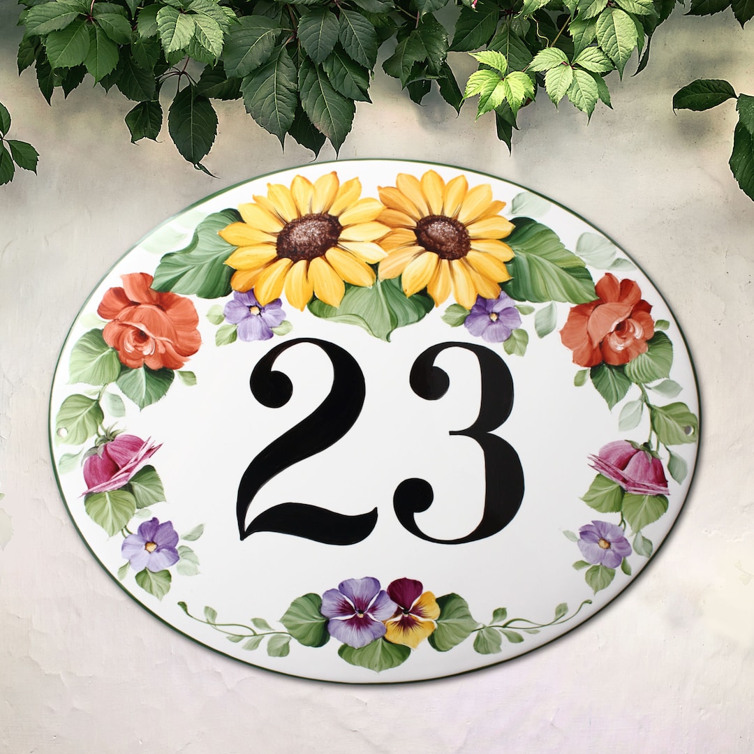 Floral House Number Sign, Custom Ceramic Name Sign for Cottage, Address ...
