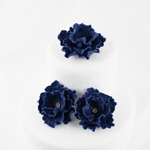Navy Blue Fondant Flower 3pcs Peony Cake Flower Navy Blue Silver ...