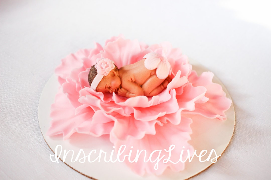Baby Shower Cake Topper Girl Pink Peony 3D Figures Edible Fondant Pink ...
