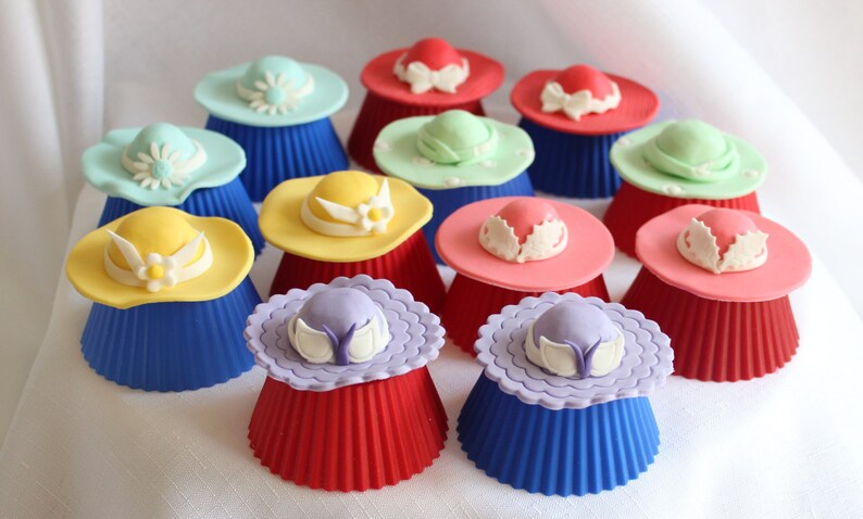 12 spring tea party hats cupcake toppers edible fondant cake | Etsy