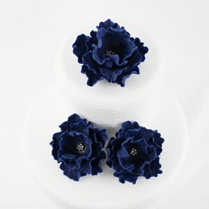 Navy Blue Fondant Flower 3pcs Peony Cake Flower Navy Blue Silver ...