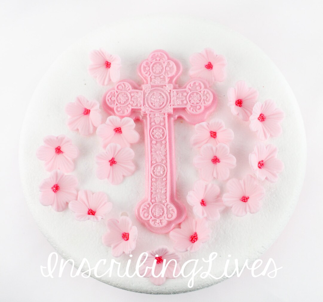 Pink Christening Cake Topper 19pcs Cross Cake Topper Edible Pink ...