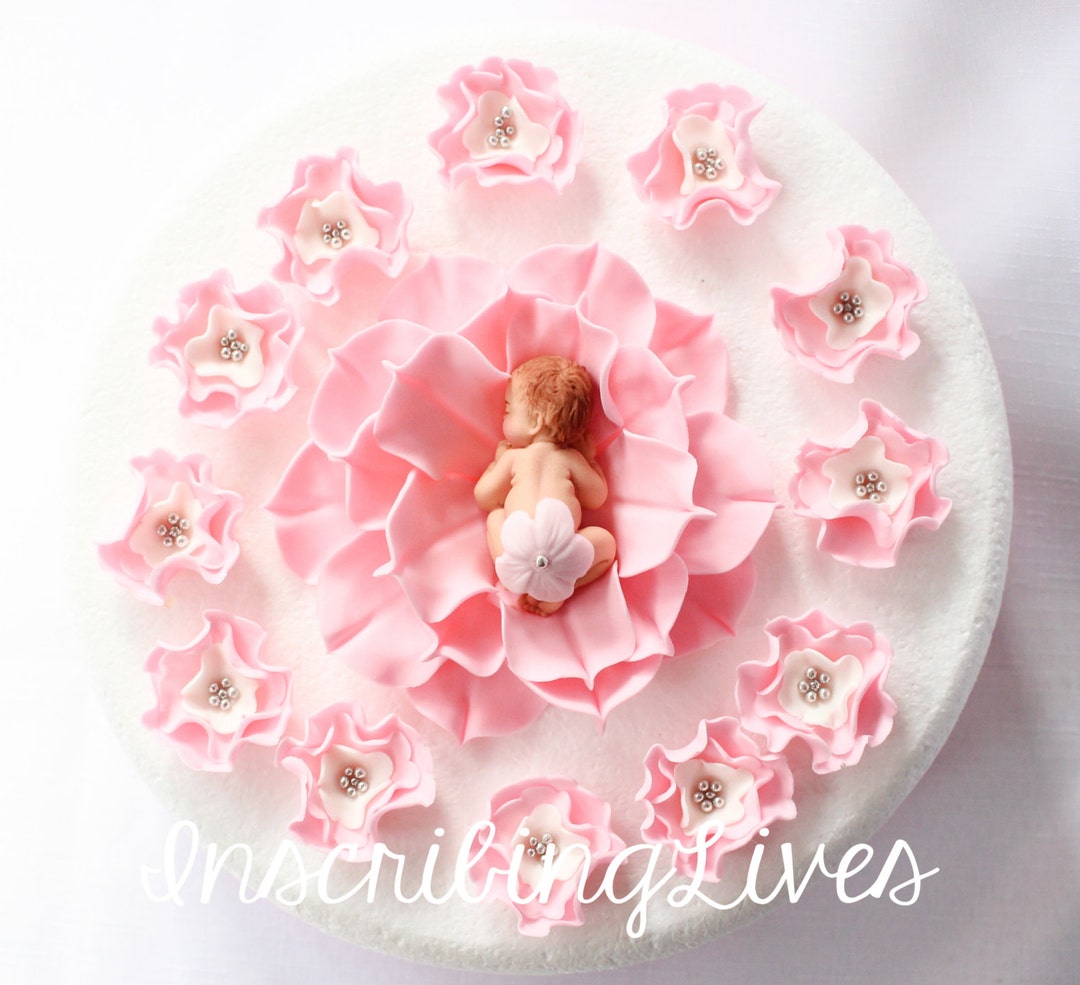 Fondant Cake Topper 14pcs Baby Shower Cake Topper 3D Baby on Flower ...