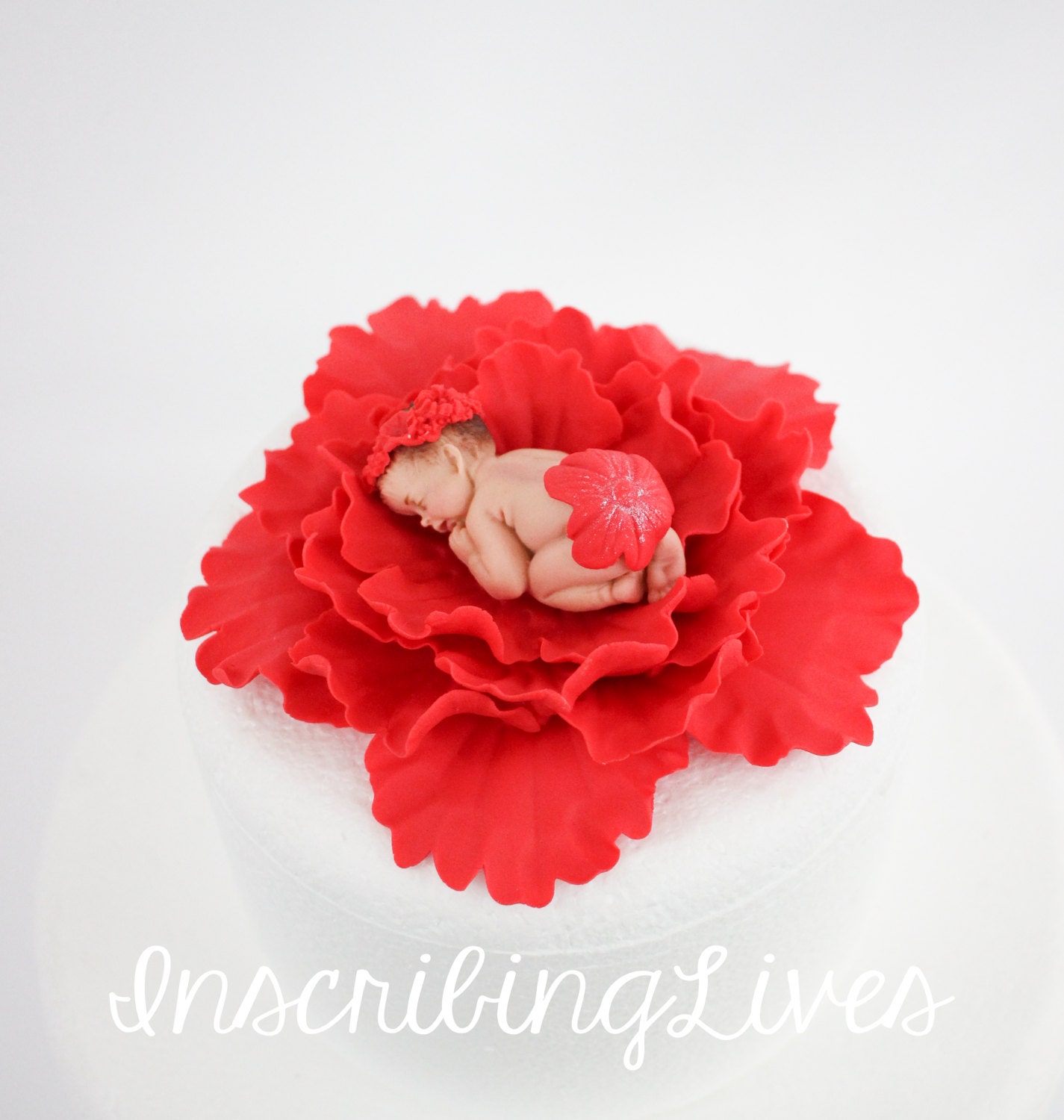 Red baby shower cake topper girl baby on flower peony 3D | Etsy