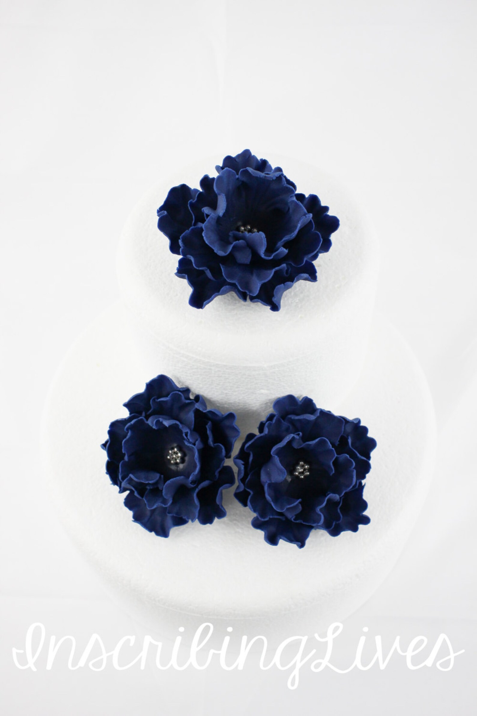 Navy Blue Fondant Flower 3pcs Peony Cake Flower Navy Blue Silver ...