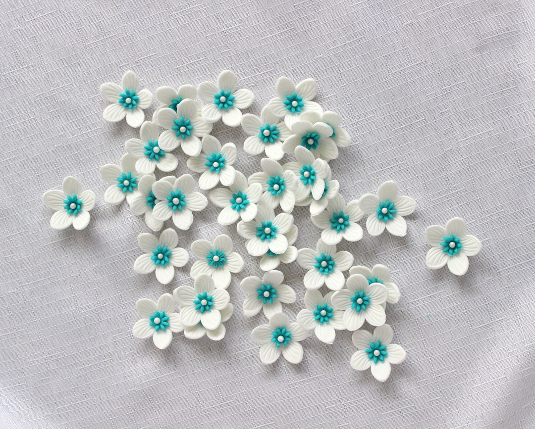 Fondant Flowers, 36 White Turquoise Edible Flowers Hawaiian Mini Lily ...
