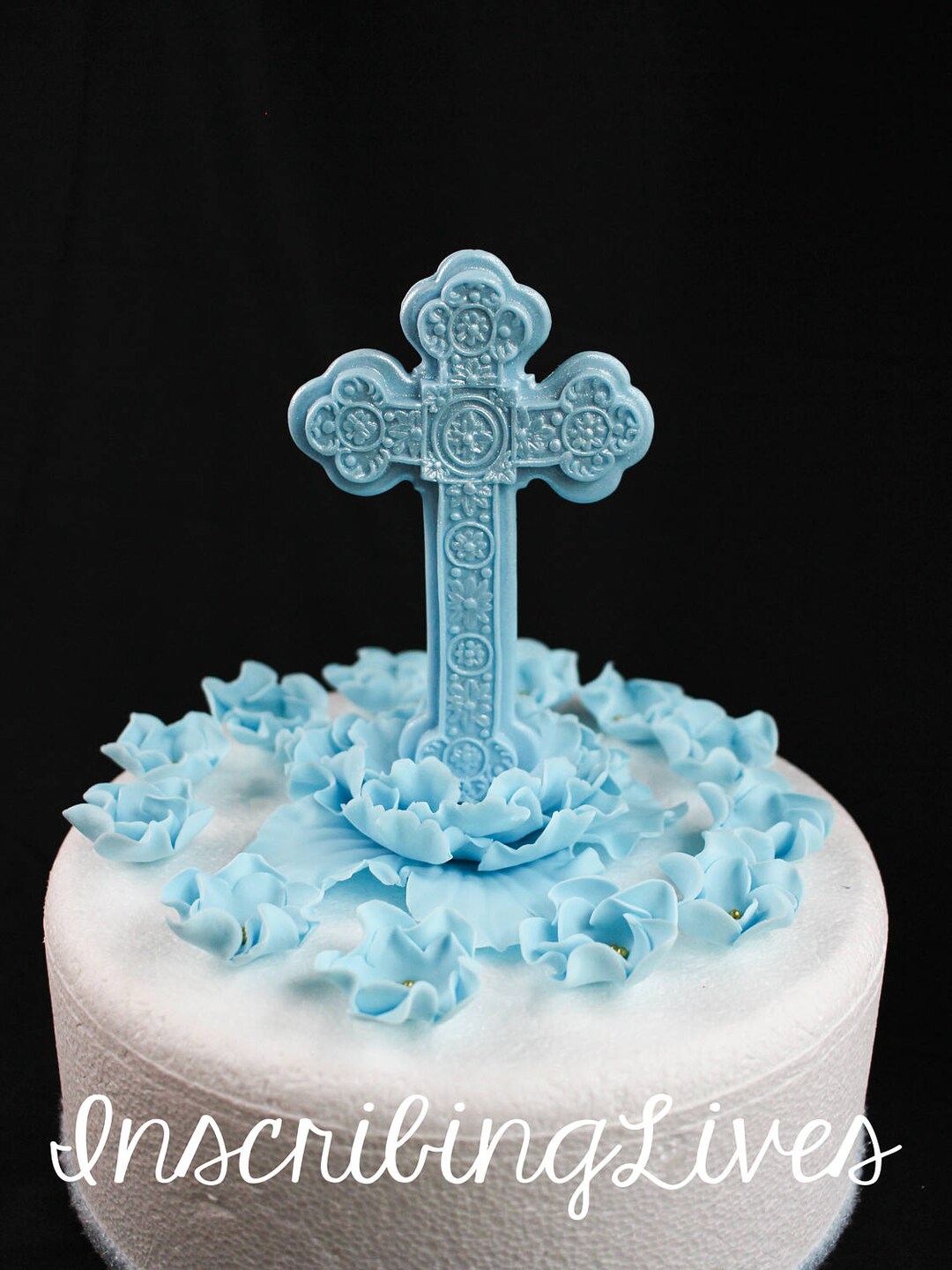 Standing Cross on Flower Cake Topper Baby Blue Cross Cake Topper Boy ...