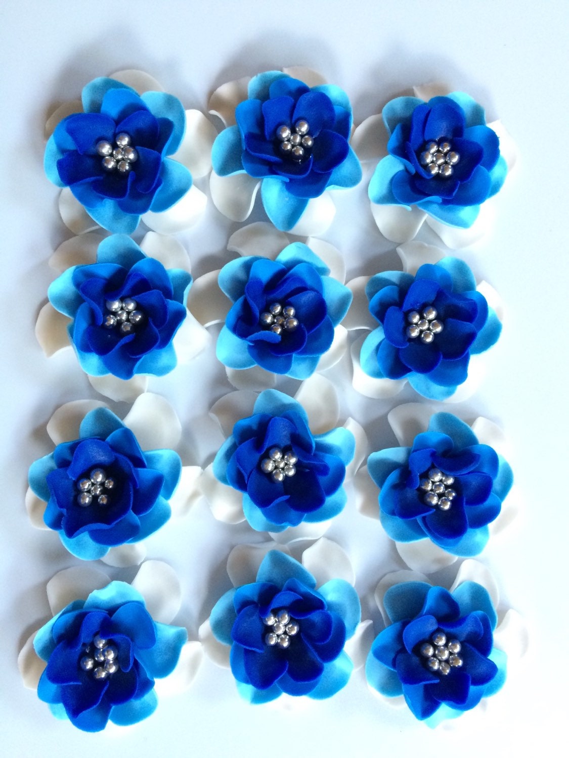 Fondant Flowers 12pcs Cupcake Toppers Vintage Ivory Royal Blue | Etsy