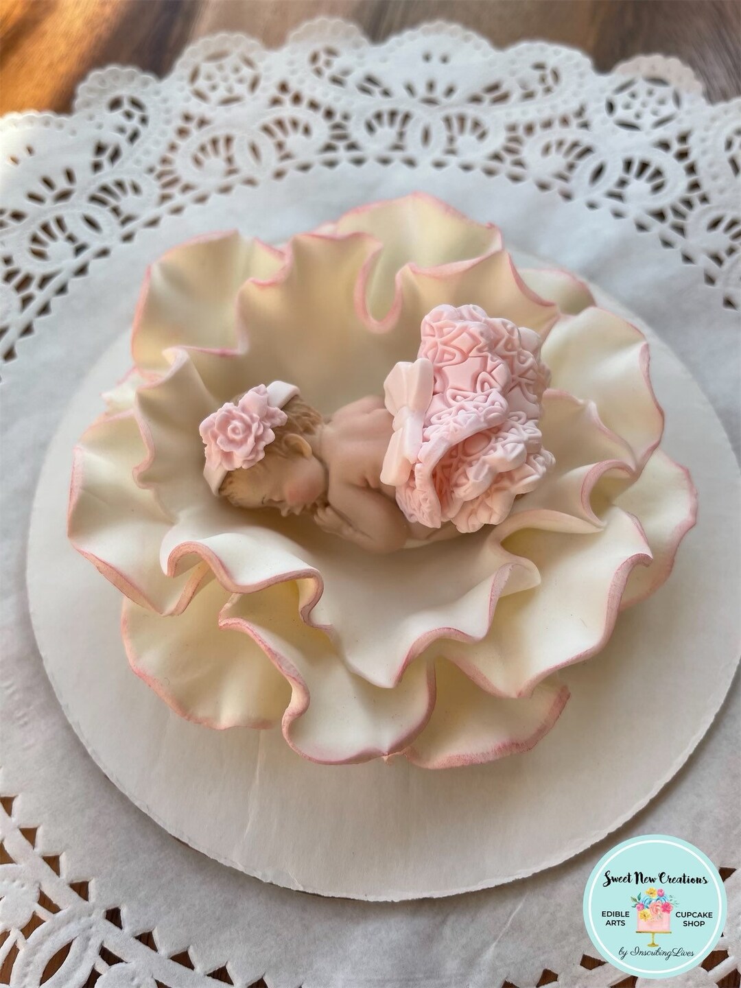 Baby on Flower Cake Topper Girl Baby Shower Cake Topper White Pink Tutu ...