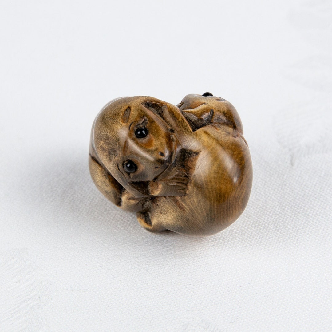 Japanese Zodiac Netsuke Baby Dogs Puppies Hand Carved Boxwood Signed by ...