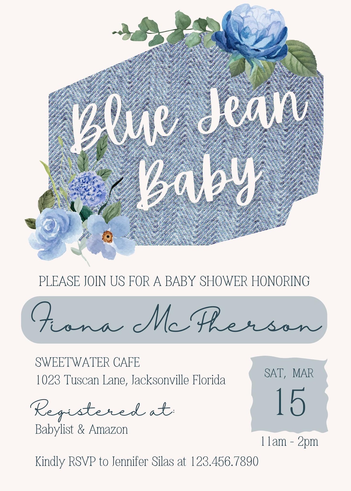 Blue Jean Baby Shower 5x7 Invite Template, Denim Theme Shower, Boy Baby ...