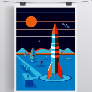 Retro Space Rocket Art Print Poster Space Station Moon - Etsy
