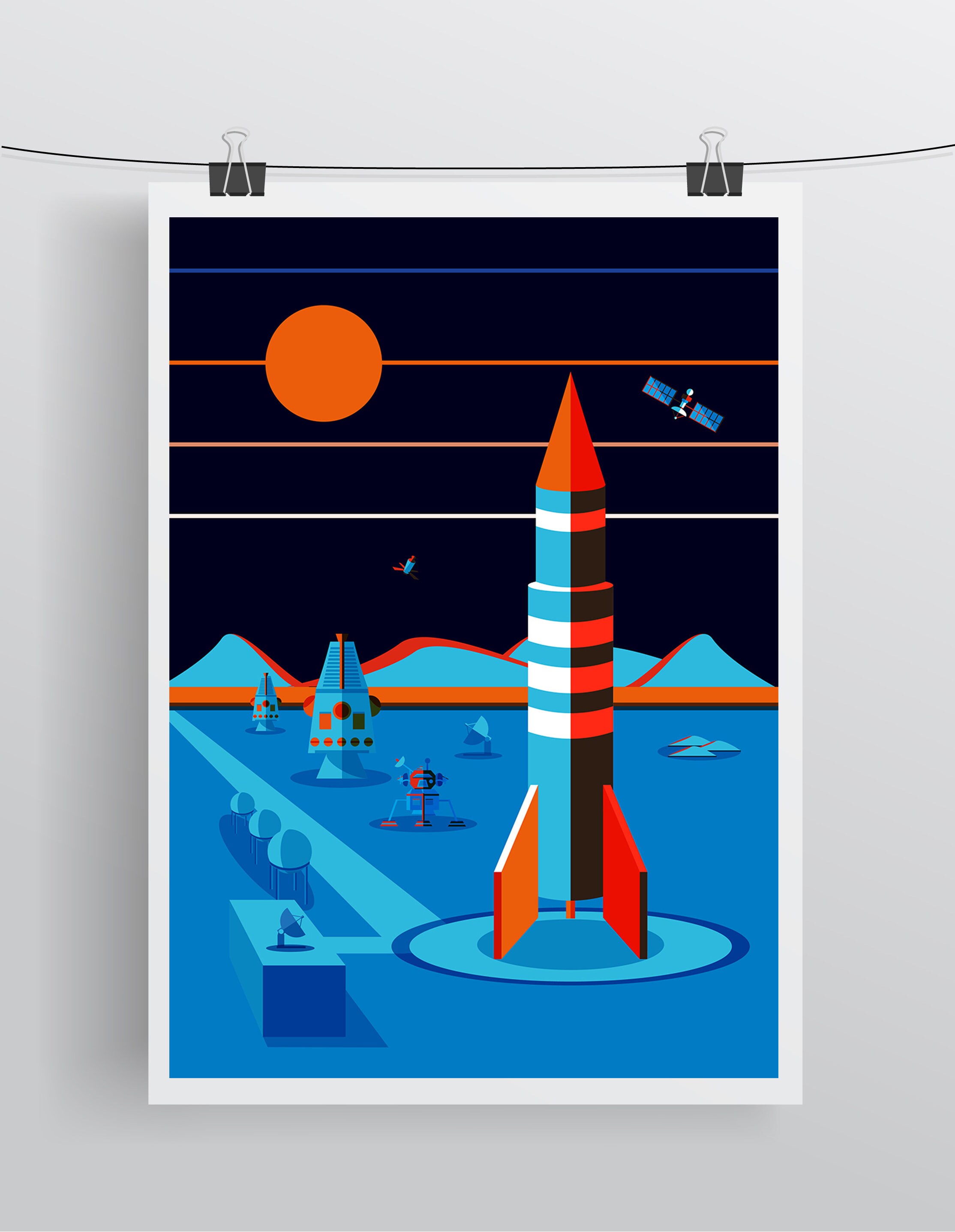 Retro Space Rocket Art Print Poster Space Station Moon | Etsy