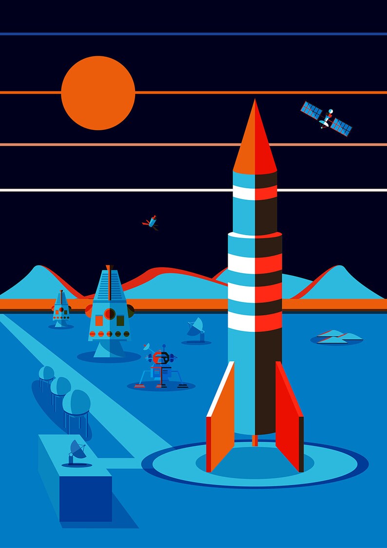Retro Space Rocket Art Print Poster Space Station Moon - Etsy