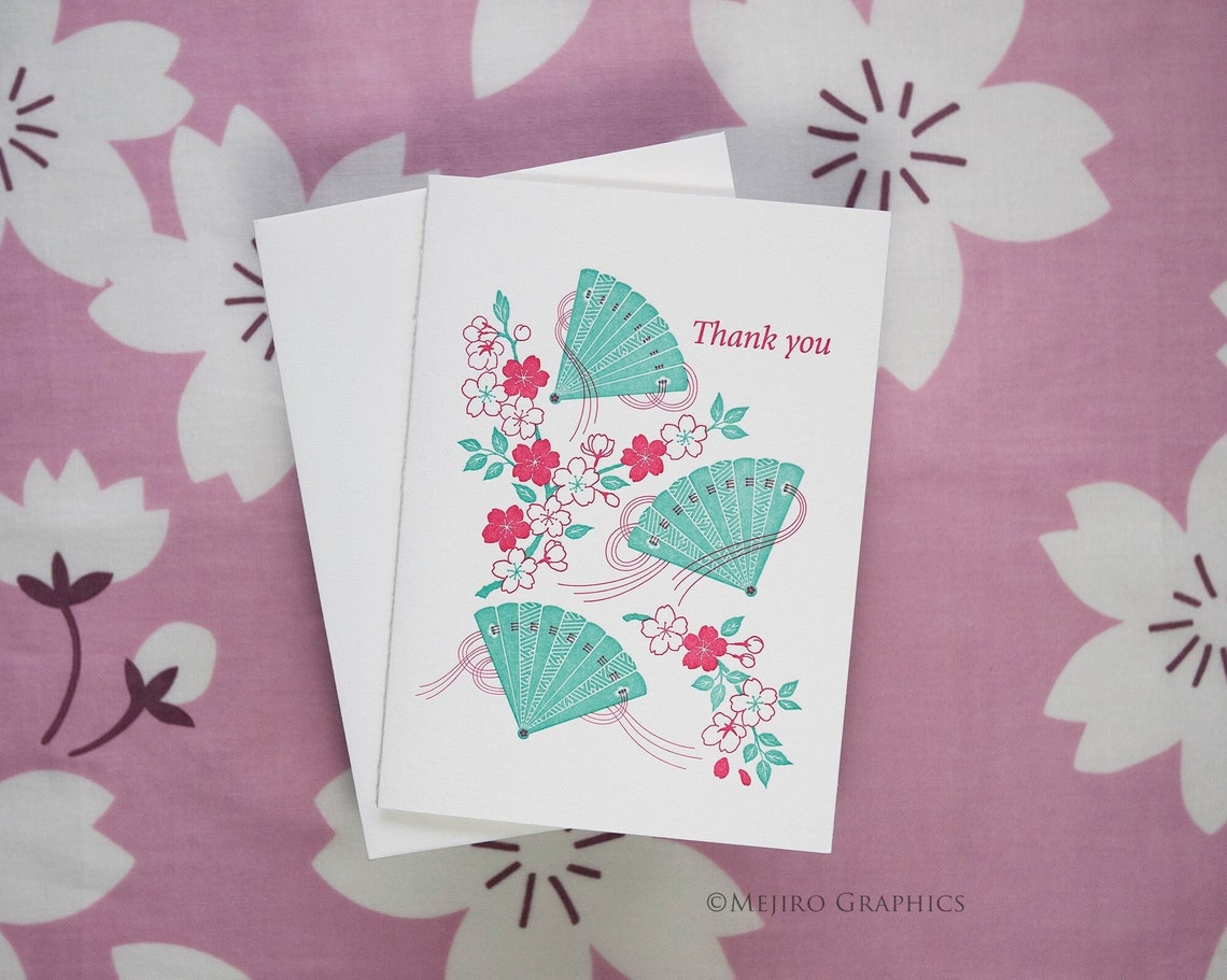 Thank You Japanese Letterpress Card Fans and Sakura - Etsy