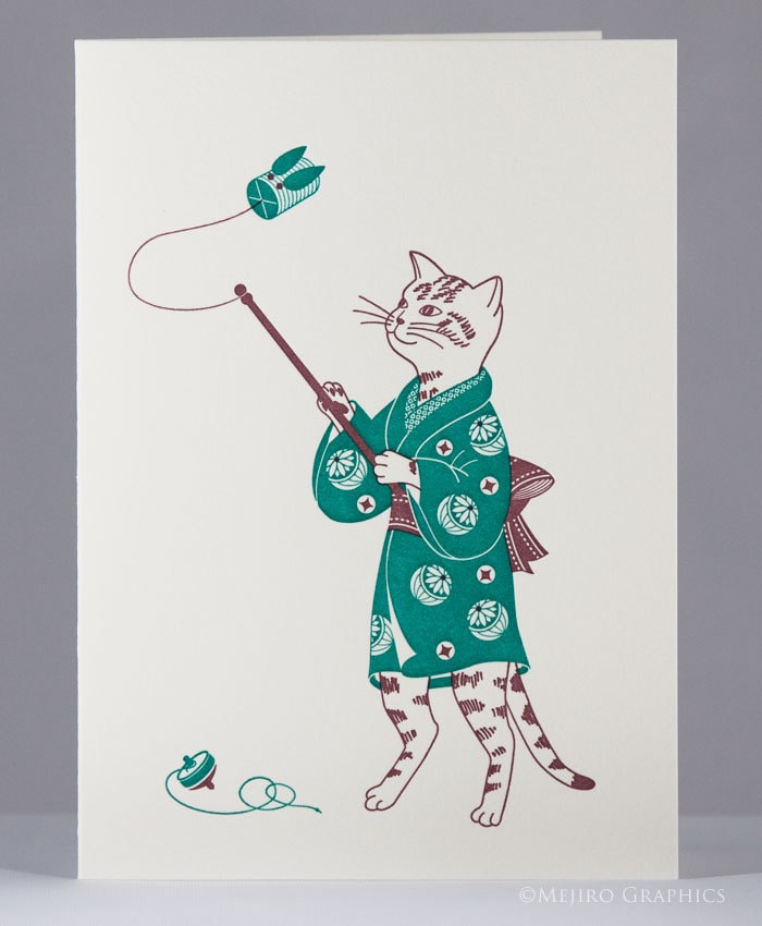 Cat Letterpress Folded Greeting Card Toy Cicada - Etsy