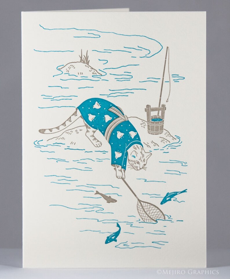 Fishing Cat Letterpress Note Card | Etsy