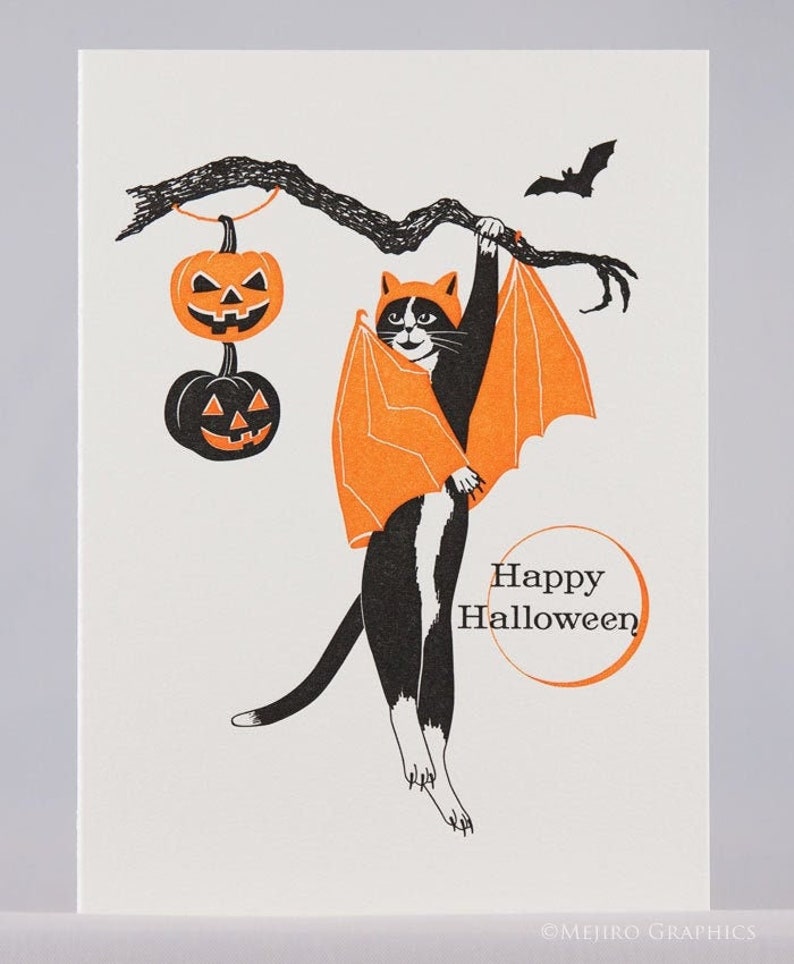 Halloween Bat Cat Letterpress Card | Halloween Cards Handmade - Etsy