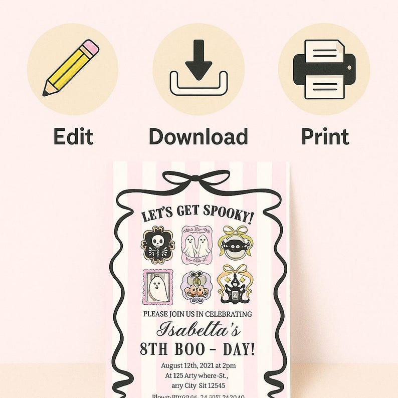 Pastel Halloween Birthday Invitation: Spooky Ghost Party, Pink Bow ...