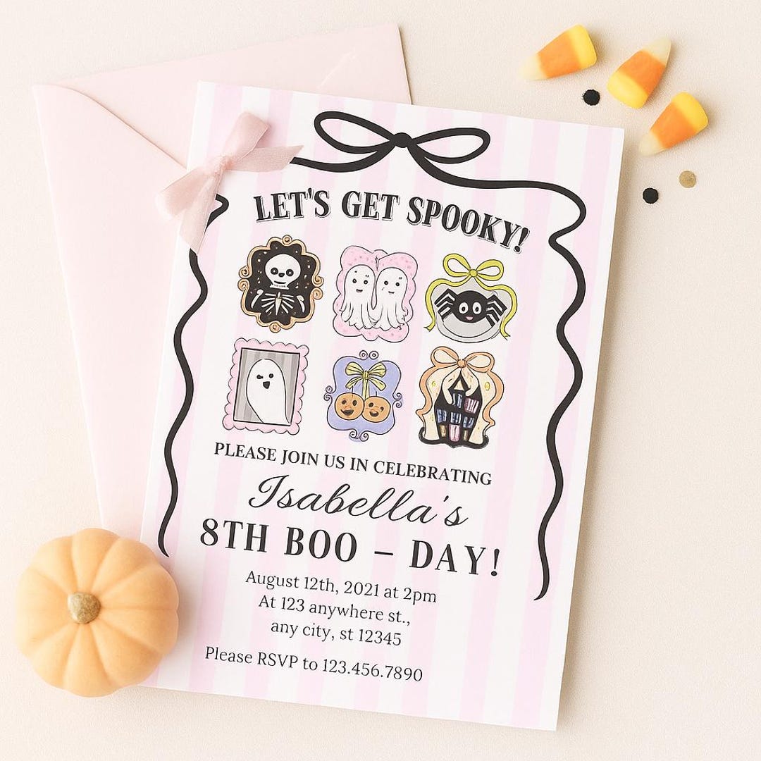 Pastel Halloween Birthday Invitation: Spooky Ghost Party, Pink Bow ...