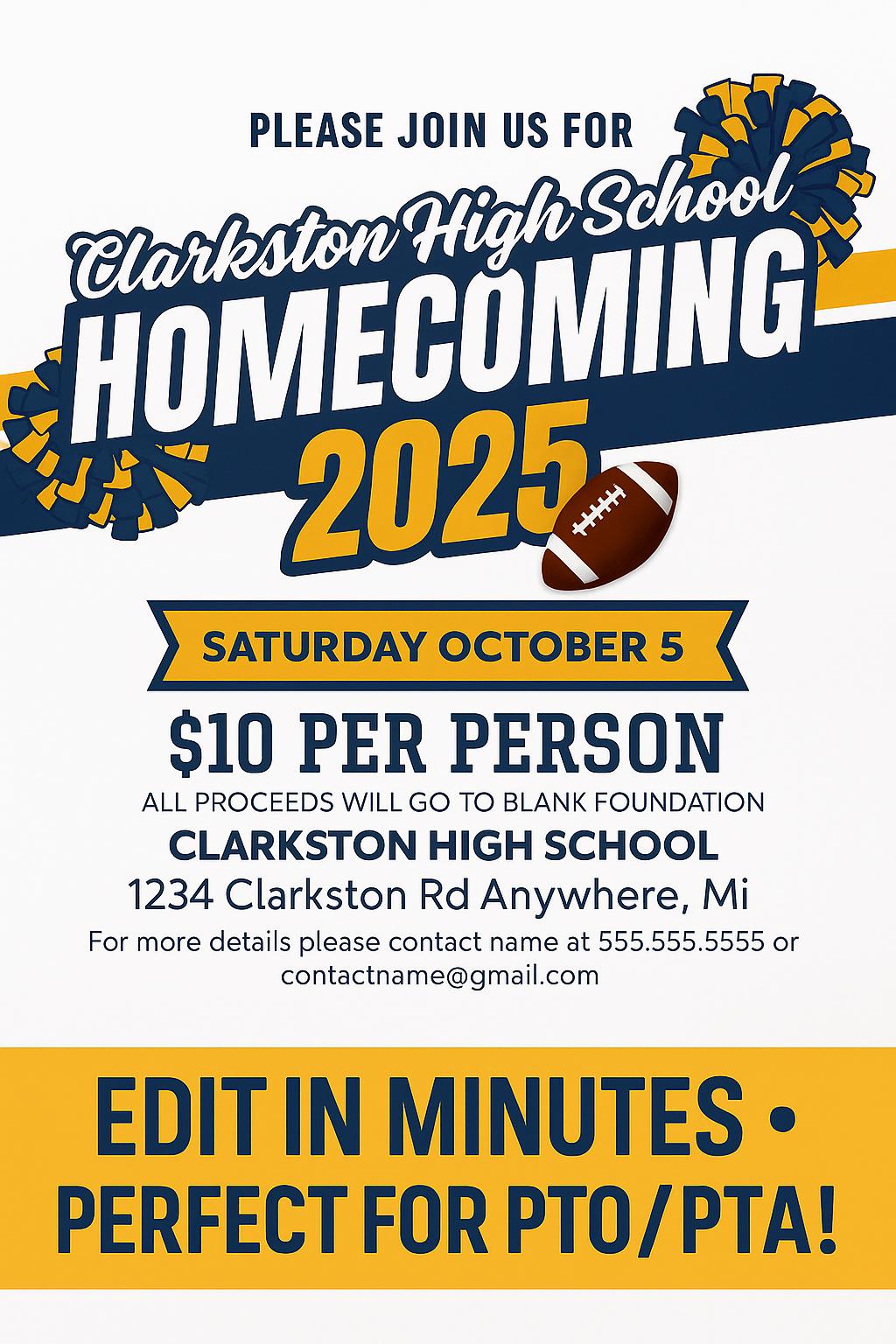 Editable Homecoming Flyer Template: School Event, PTO Fundraiser (8.5 ...